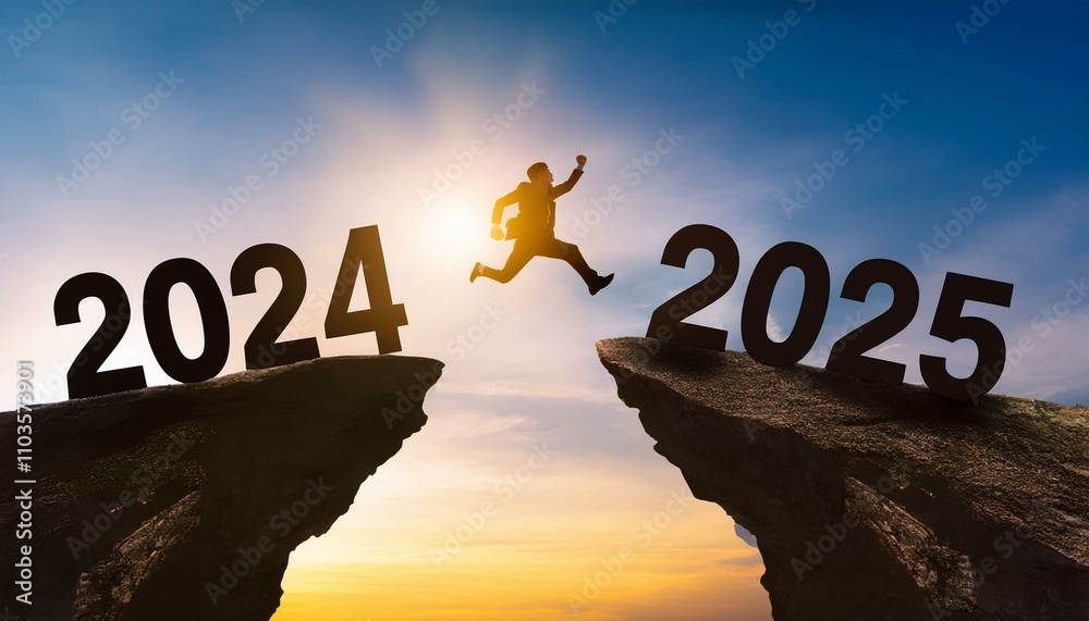 Happy new year 2025,Silhouette BusinessMan jumping from 2024 cliff to ...