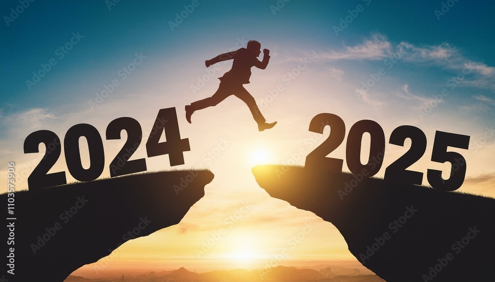 Happy new year 2025,Silhouette BusinessMan jumping from 2024 cliff to ...