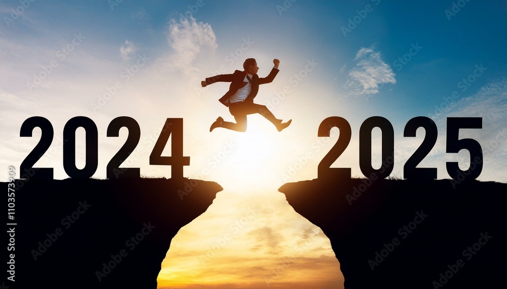 Happy new year 2025,Silhouette BusinessMan jumping from 2024 cliff to ...