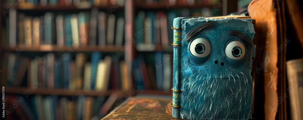 Cartoon curious blue book with googly eyes peeks over a bookshelf ...