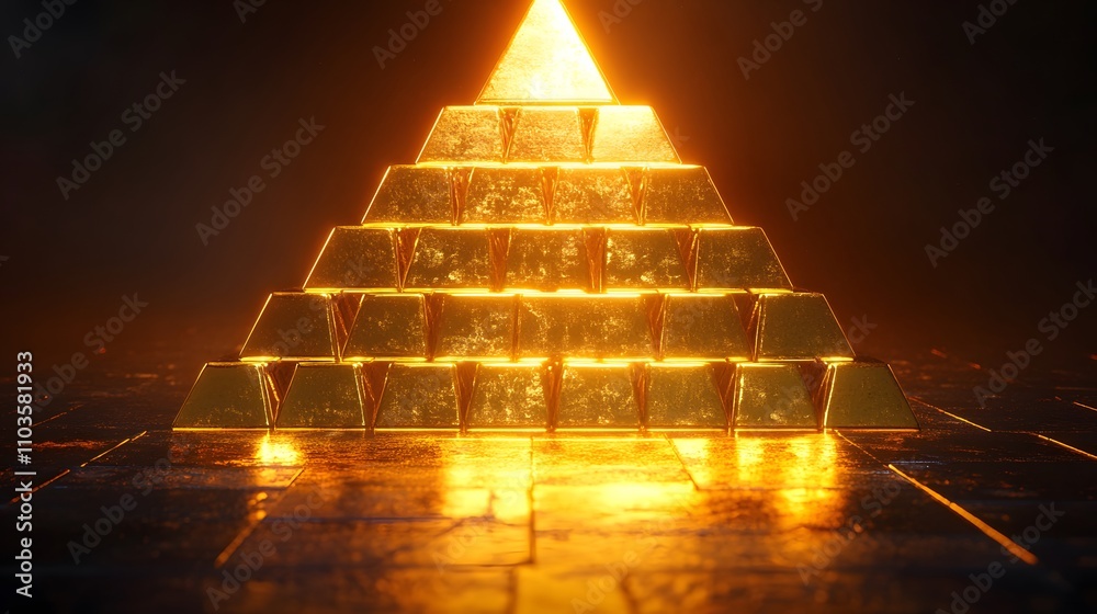 13. Professional visualization of stacked gold bars in pyramid formation, overlaid with ...