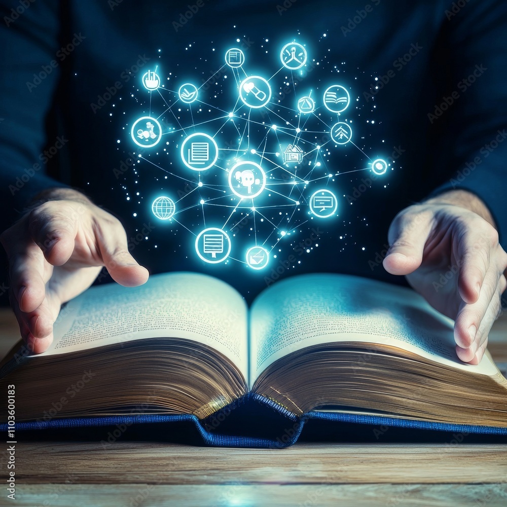 Foto de Stock learning summary concept. Illuminated book with hands and ...