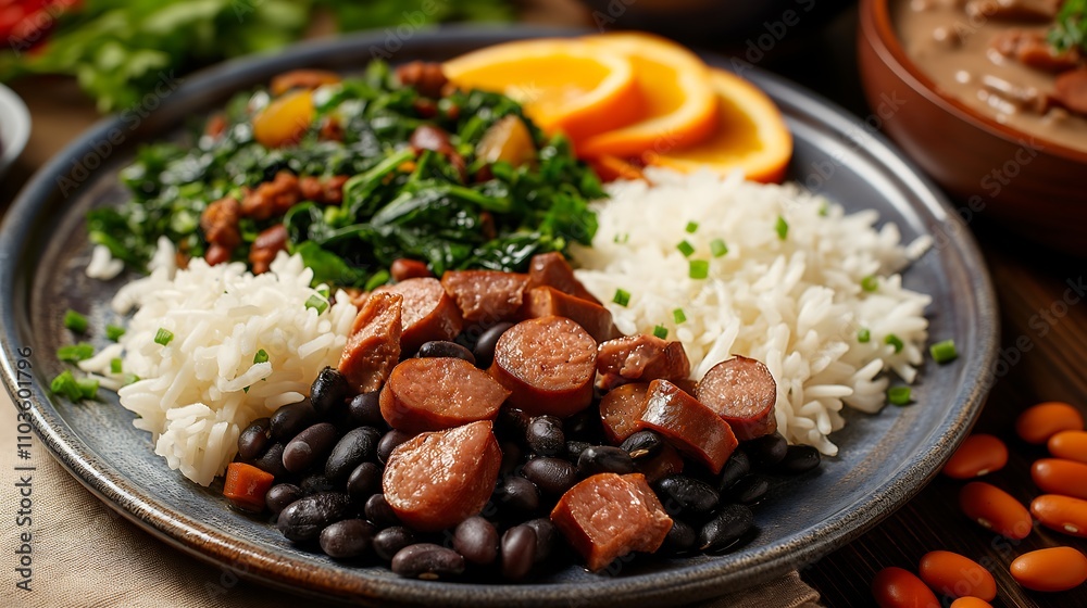 A mouthwatering plate of Brazilian feijoada with black beans, pork ...