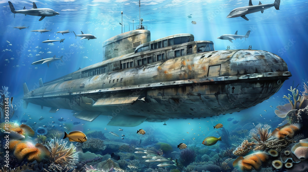 ocean trench with an alien spaceship embedded in the seabed, surrounded ...
