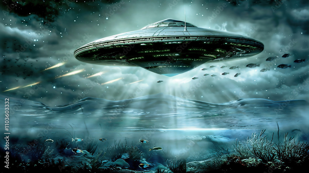 ocean trench with an alien spaceship embedded in the seabed, surrounded ...