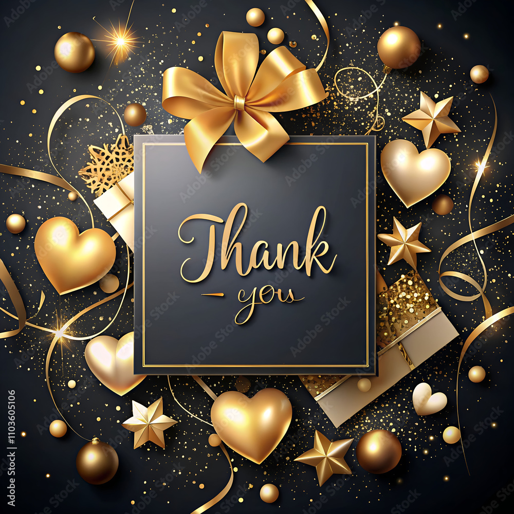 Elegant "Thank You" card design with gold lettering, a golden frame ...