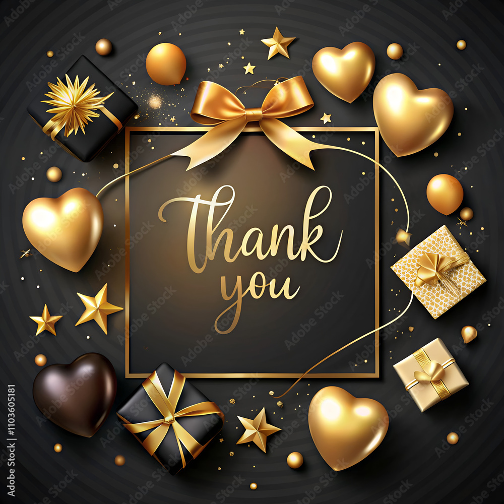Elegant "Thank You" card design with gold lettering, a golden frame ...