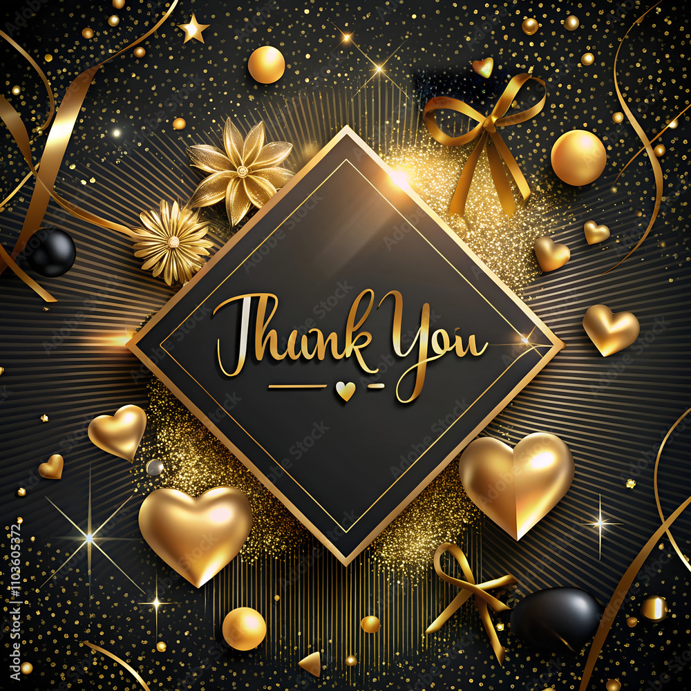 Elegant "Thank You" card design with gold lettering, a golden frame ...