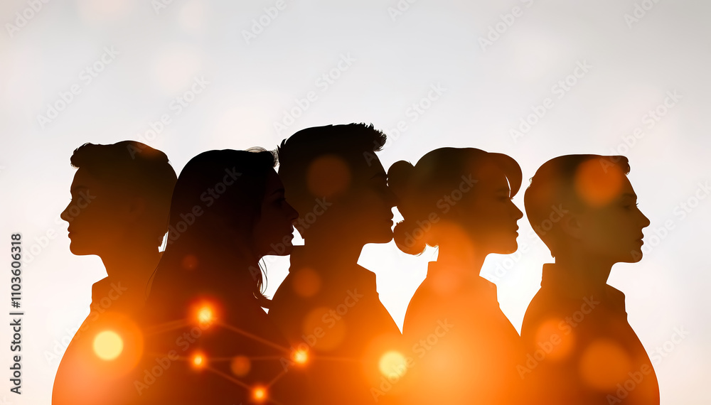 silhouette of diverse group of people glowing orange light community ...