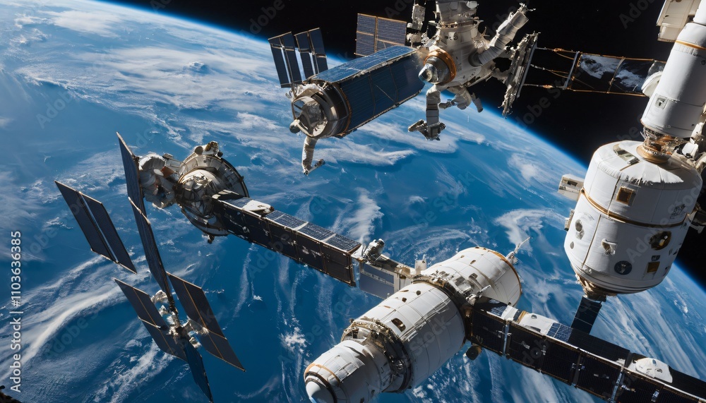 A bustling space station orbiting Earth featuring large observation ...