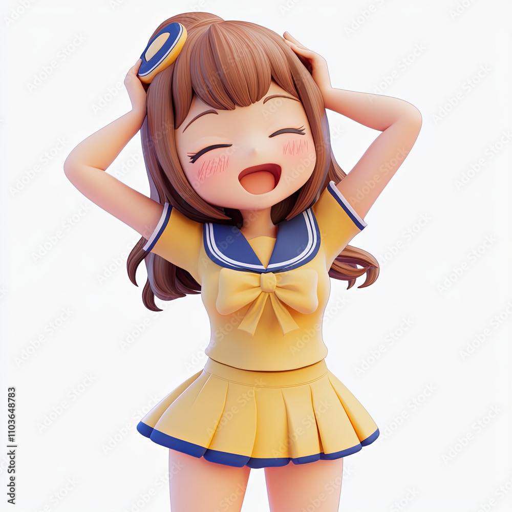 Create a 3D full body cute chibi girl with brown hair, wearing a yellow ...