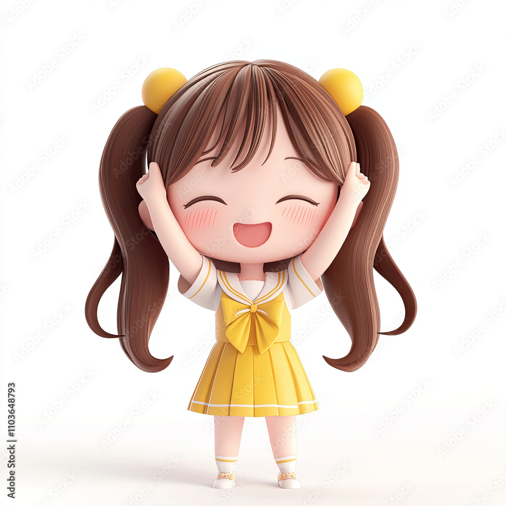 Create a 3D full body cute chibi girl with brown hair, wearing a yellow ...