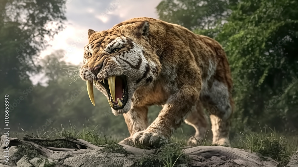 Growling Smilodon prowling through dense prehistoric forest under ...