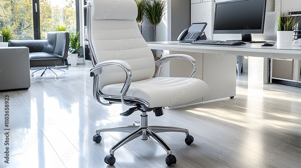 Bright office background with ergonomic seating, digital devices, and a ...