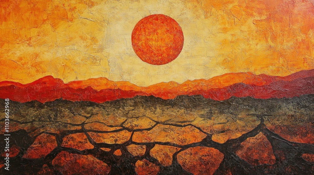 Vivid desert landscape showcasing cracked parched earth under a blazing ...