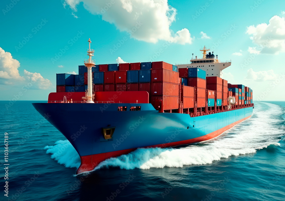 Cargo container ship carrying containers across the ocean against a ...