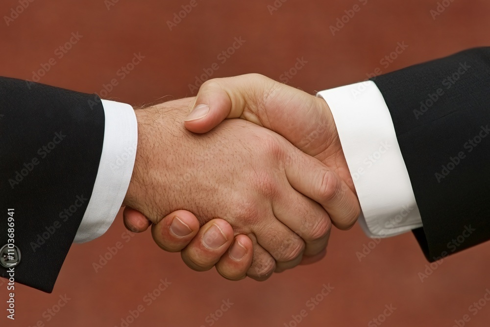 Monochrome handshake between two individuals in formal suits. Close-up ...