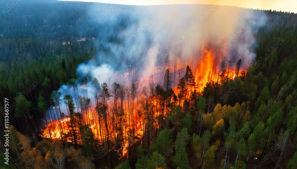 Forest fire disaster, trees burned at night, natural destruction of ...