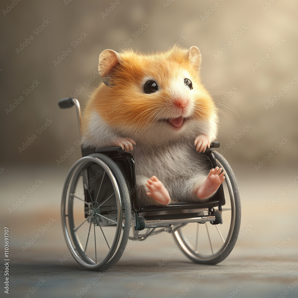 happy hamster with disability sitting in wheelchair on brown studio ...