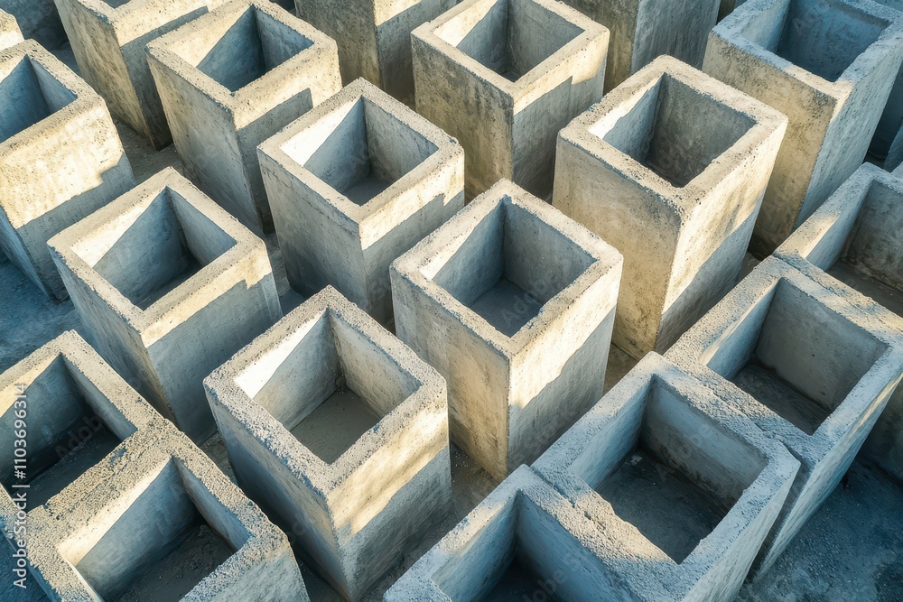 Numerous low quality concrete squares in an open area creating an ...