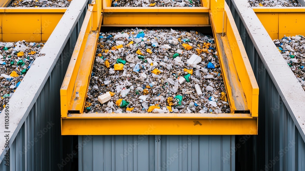 Recycling center bins filled with mixed waste materials for processing ...