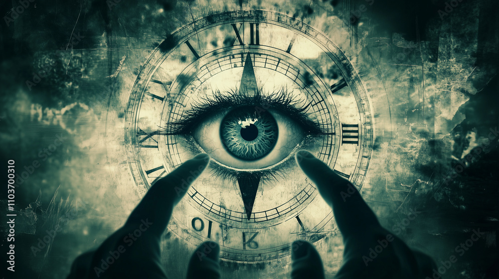 A surreal image of a clock with the all-seeing eye at its center, the ...