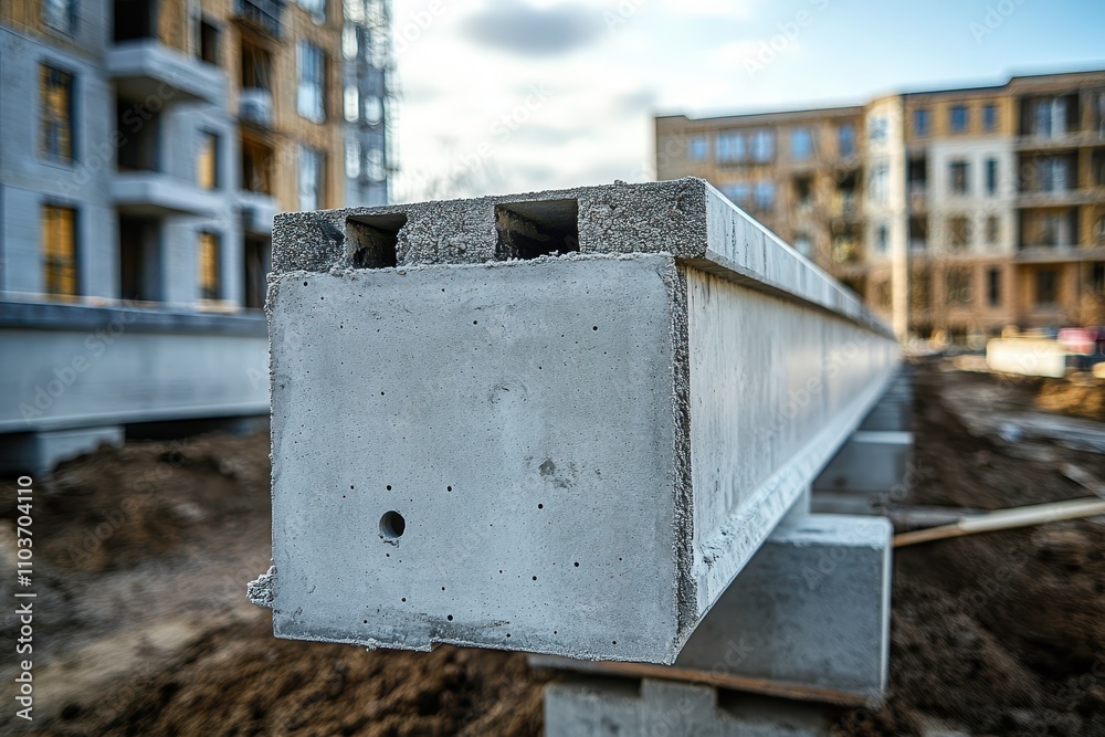 Precast concrete beam kept at the construction site for use in ground ...