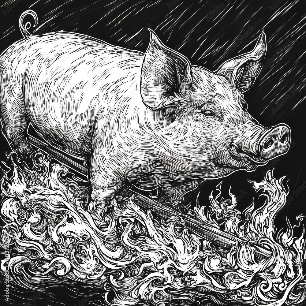 A pig roasting on a spit over an open flame, with intricate linework ...