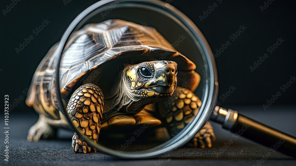 Tortoise displayed under a magnifying glass, creating an intriguing ...