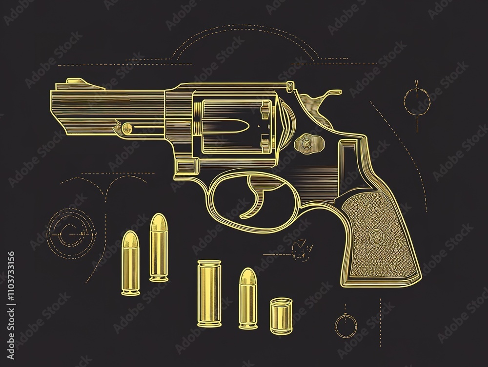Golden revolver schematic on dark background Stock Illustration | Adobe ...