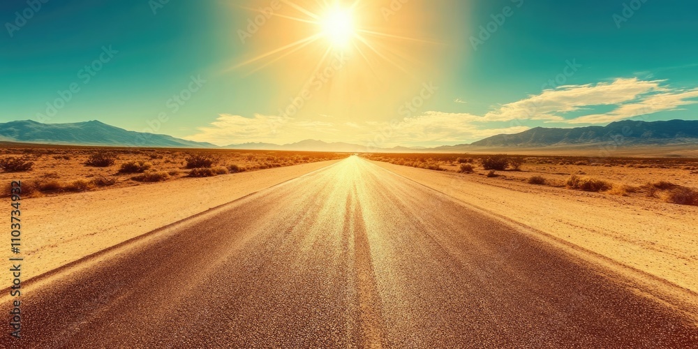 Vehicle on a sun soaked desert road, feeling the intense summer heat ...