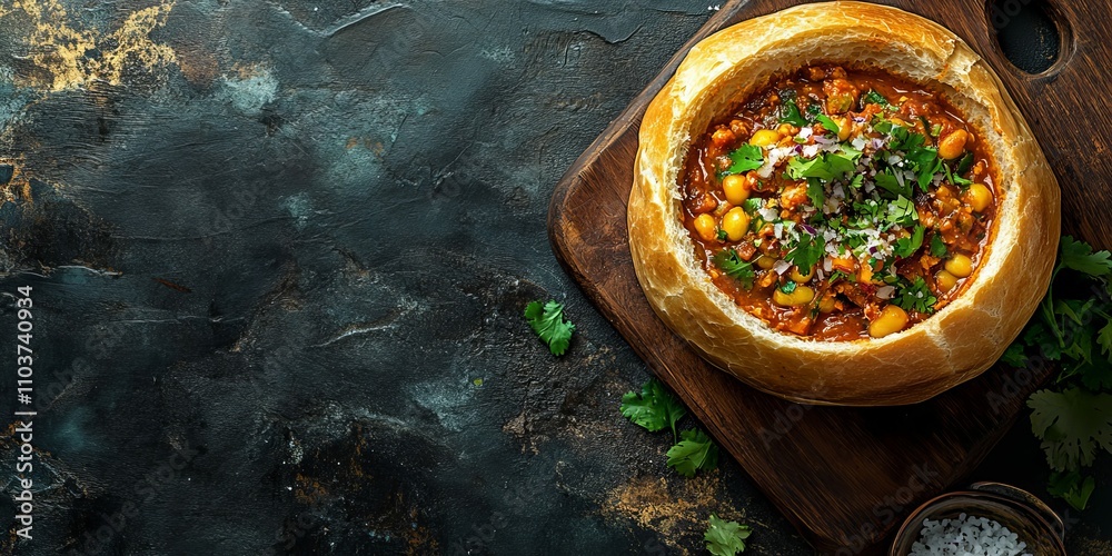 South African bunny chow served in a bread loaf Stock Photo | Adobe Stock