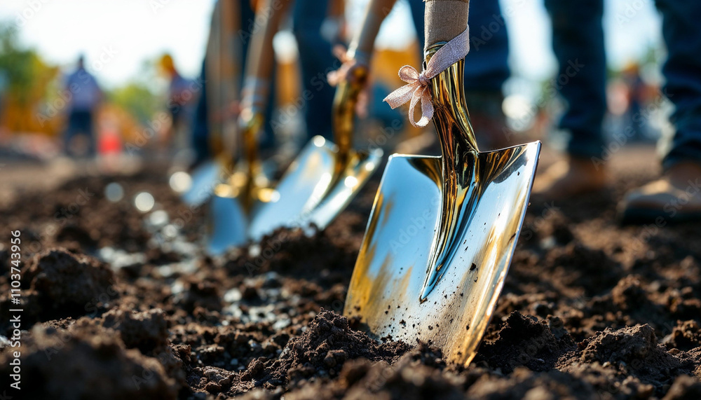 Ceremonial shovels in soil at a groundbreaking ceremony, symbolizing a ...