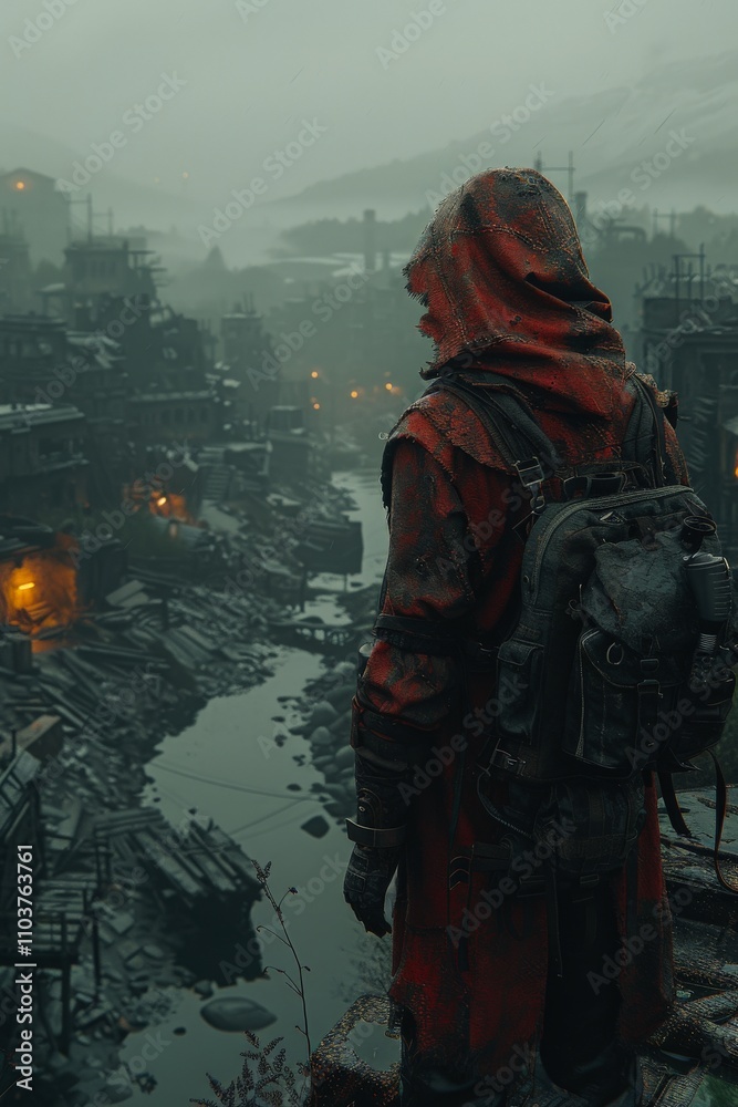Post-apocalyptic urban landscape with lone figure in red hood admiring ...