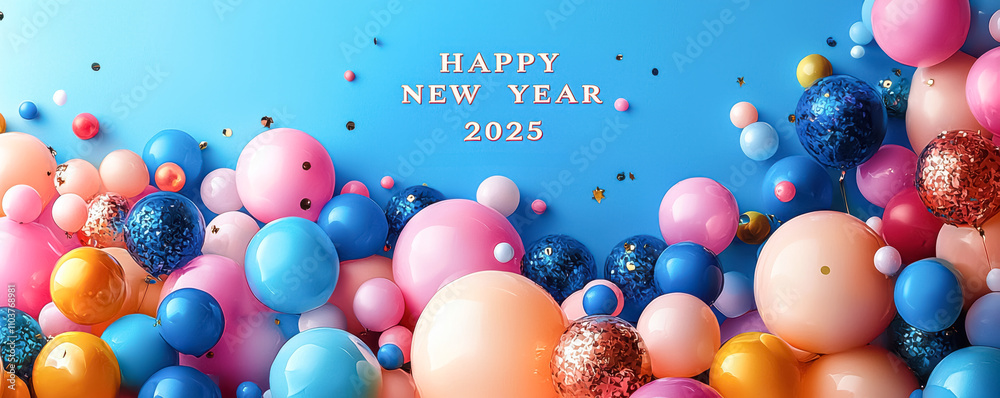 Balloon-Filled Celebration for New Year 2025. A colorful festive scene featuring pink, blue, and ...