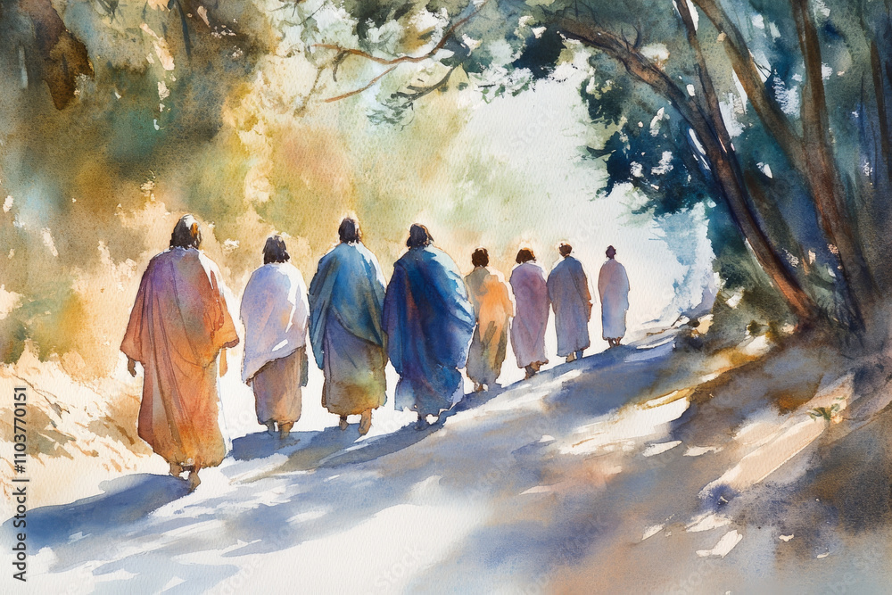 Jesus walking along a path with his disciples, sharing wisdom. The ...