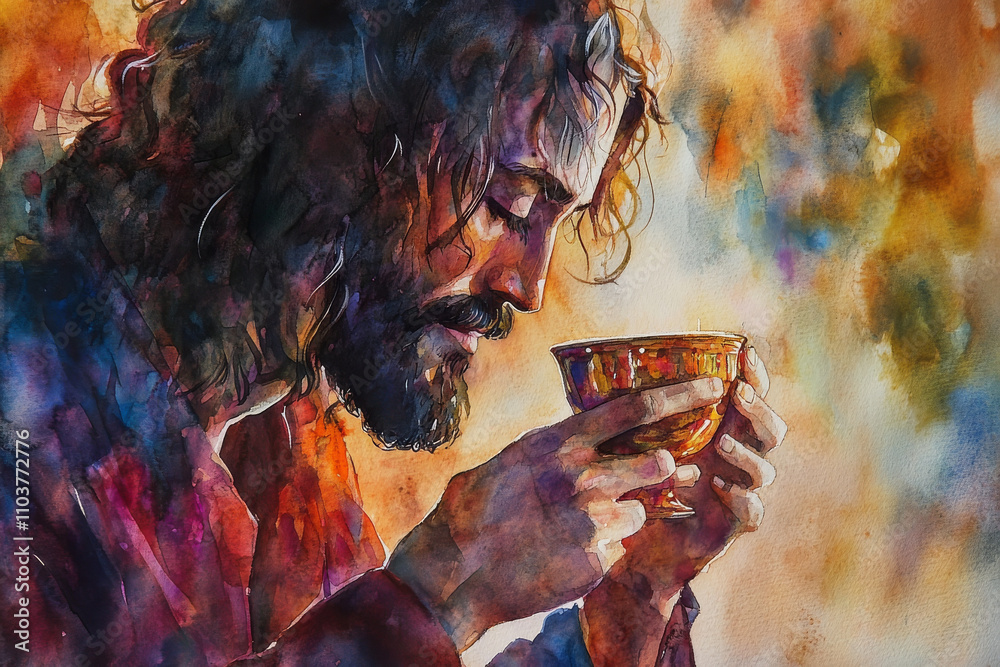 Jesus holding the cup during the Last Supper, his face illuminated by a ...