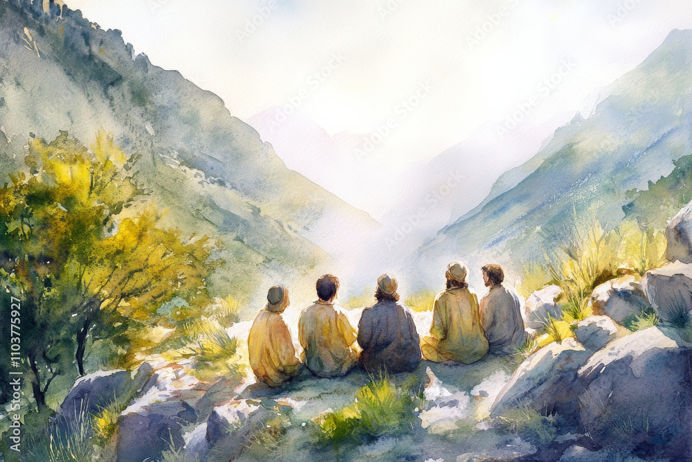Stock-Illustration „Jesus sitting with his disciples on a mountain ...
