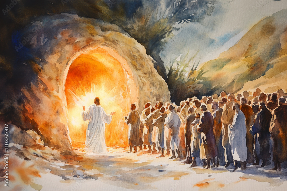 Jesus raising Lazarus from the dead, with light emanating from the tomb ...