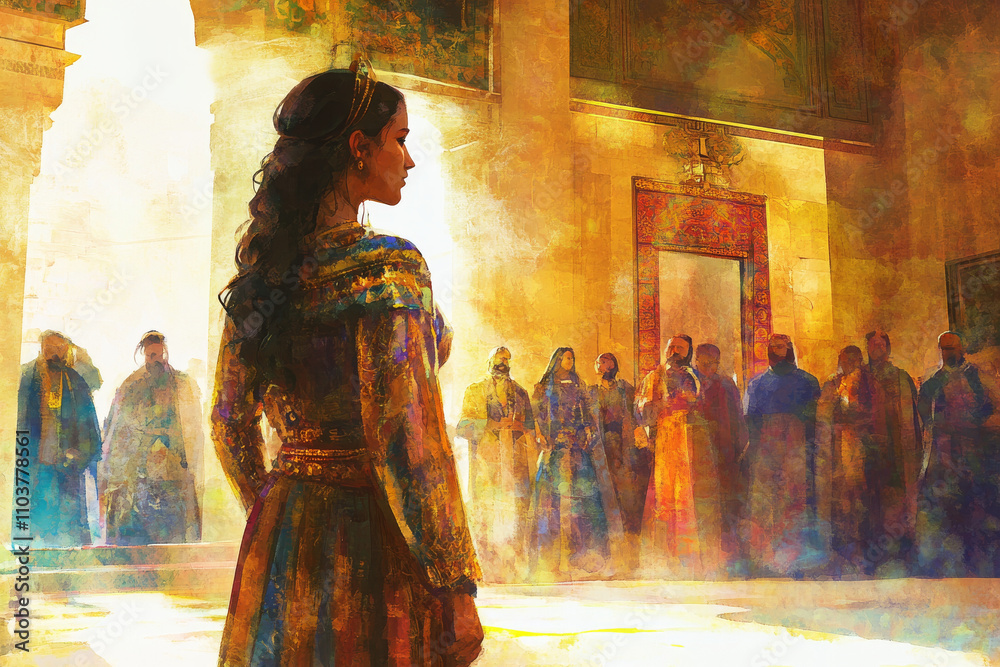 A digital watercolor illustration of Queen Esther in the Persian court ...