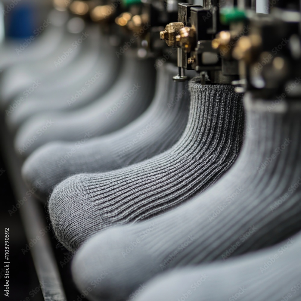 Automated industrial knitting machine is producing gray socks in a ...