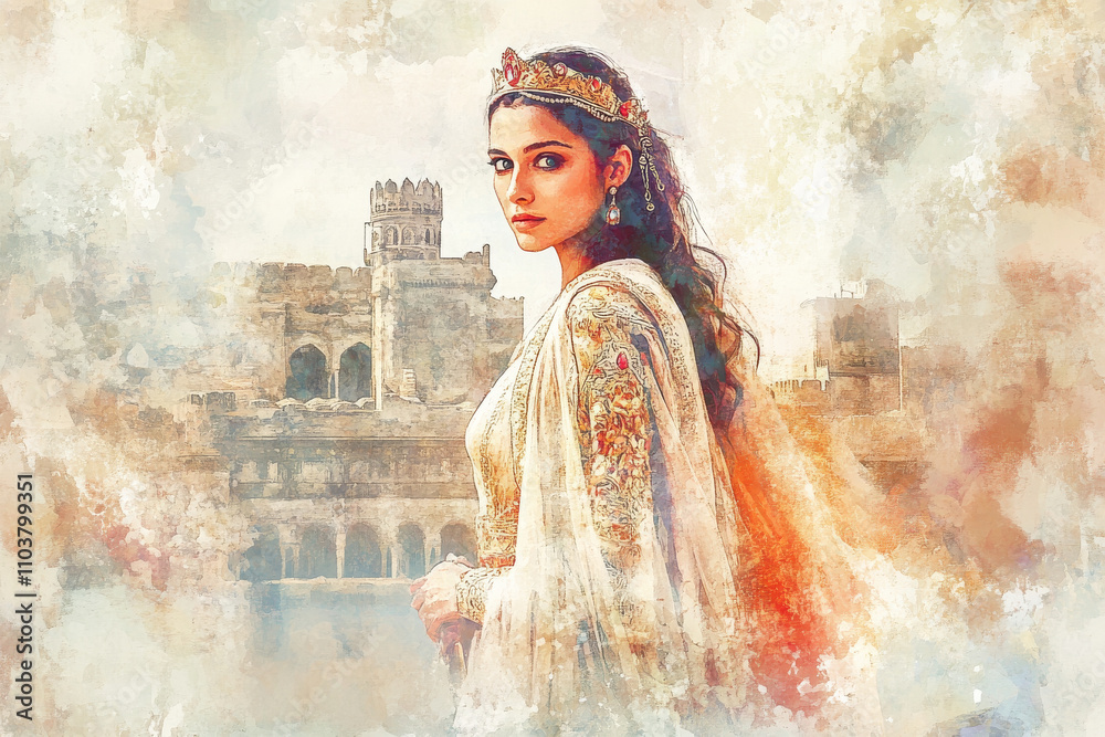 A digital watercolor painting of Queen Esther, standing in front of the ...