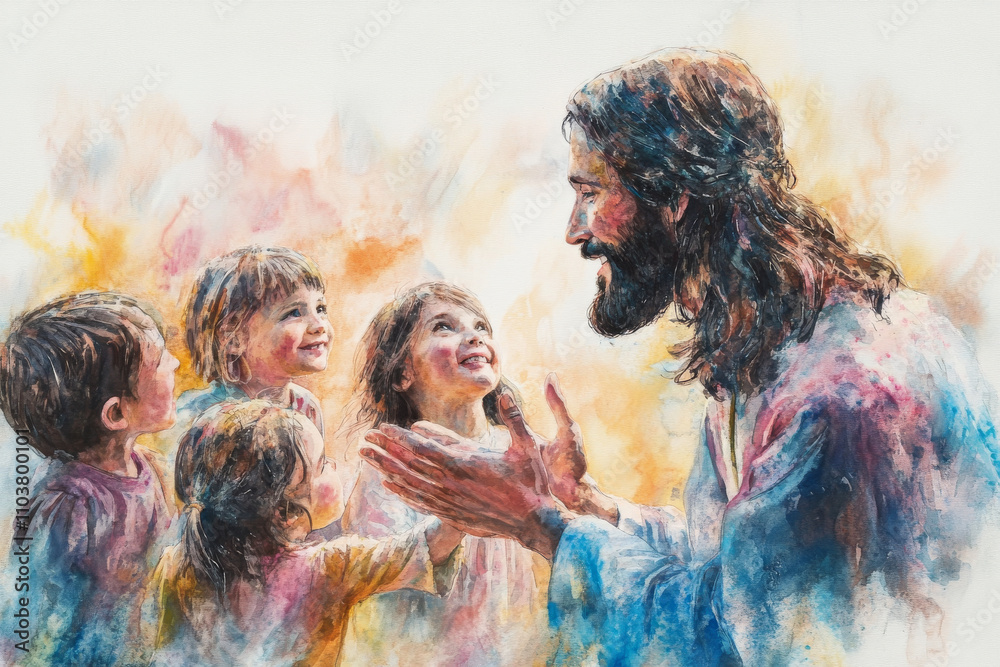 Jesus blessing a group of children, his hands extended in love. The ...