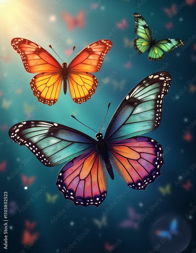 colorful butterflies flying over the ocean, red, yellow, green, green ...