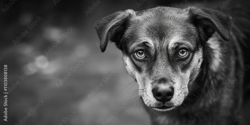 A melancholic stray dog captured in striking black and white, showcasing the emotions of a very ...