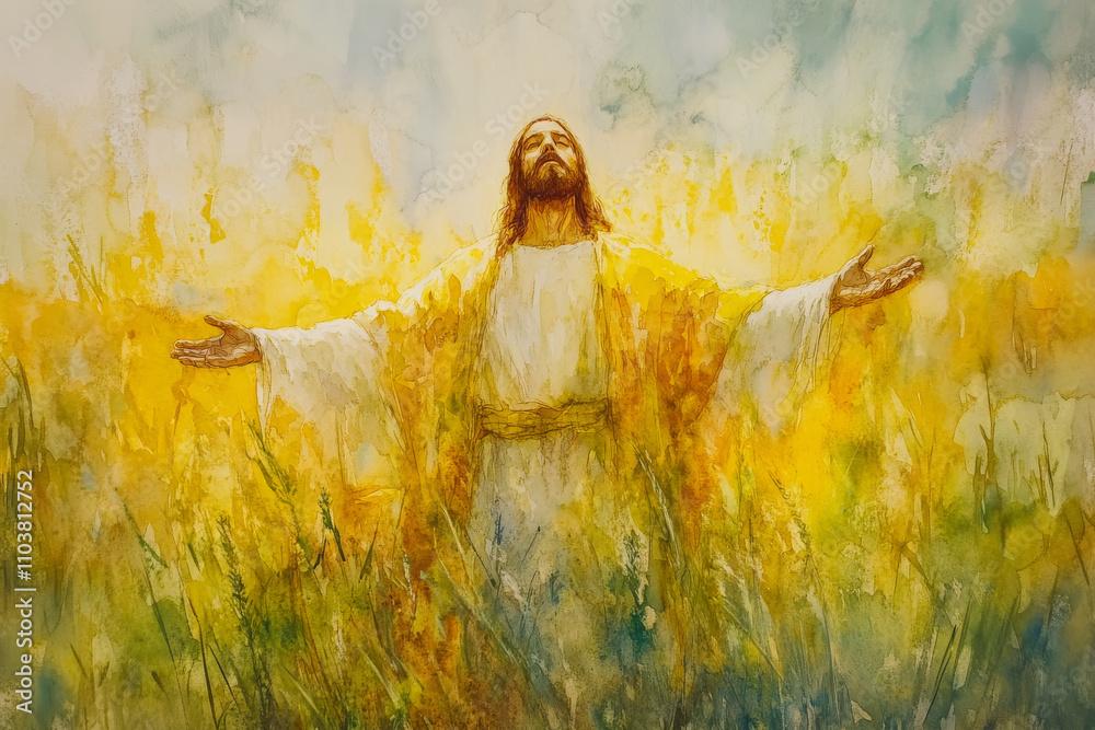 Jesus with his arms outstretched in a field, inviting all who seek him ...