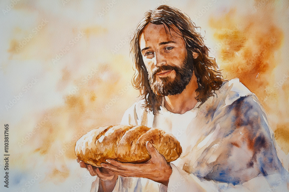 A warm watercolor of Jesus holding a loaf of bread, symbolizing the ...