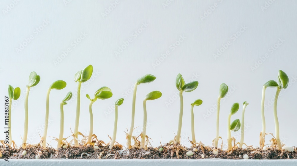 Sequential growth stages of young green plant sprouts, lined up to show ...