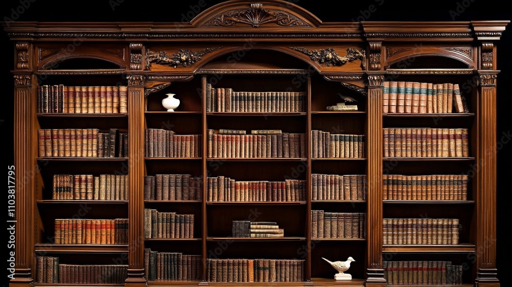Large wooden bookcase multiple shelves is made dark Image showcasing a ...