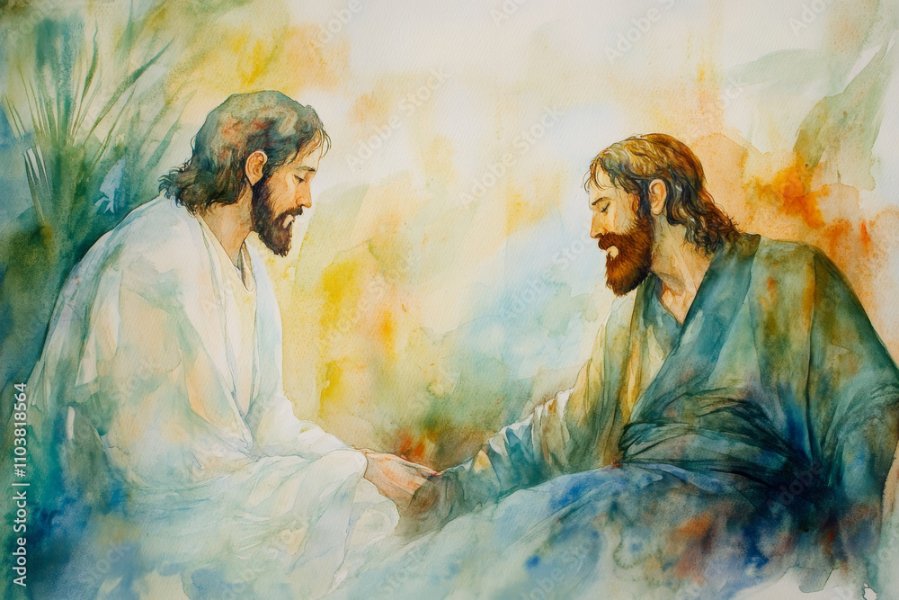 Jesus speaking to a paralyzed man, commanding him to rise and walk. The ...
